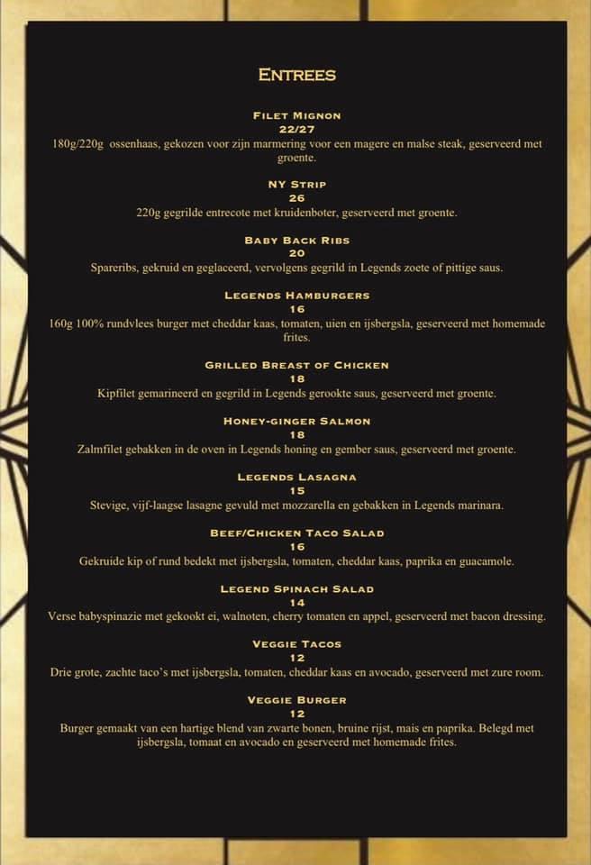 Menu at Legends Restaurant and Bar, Noordwijk