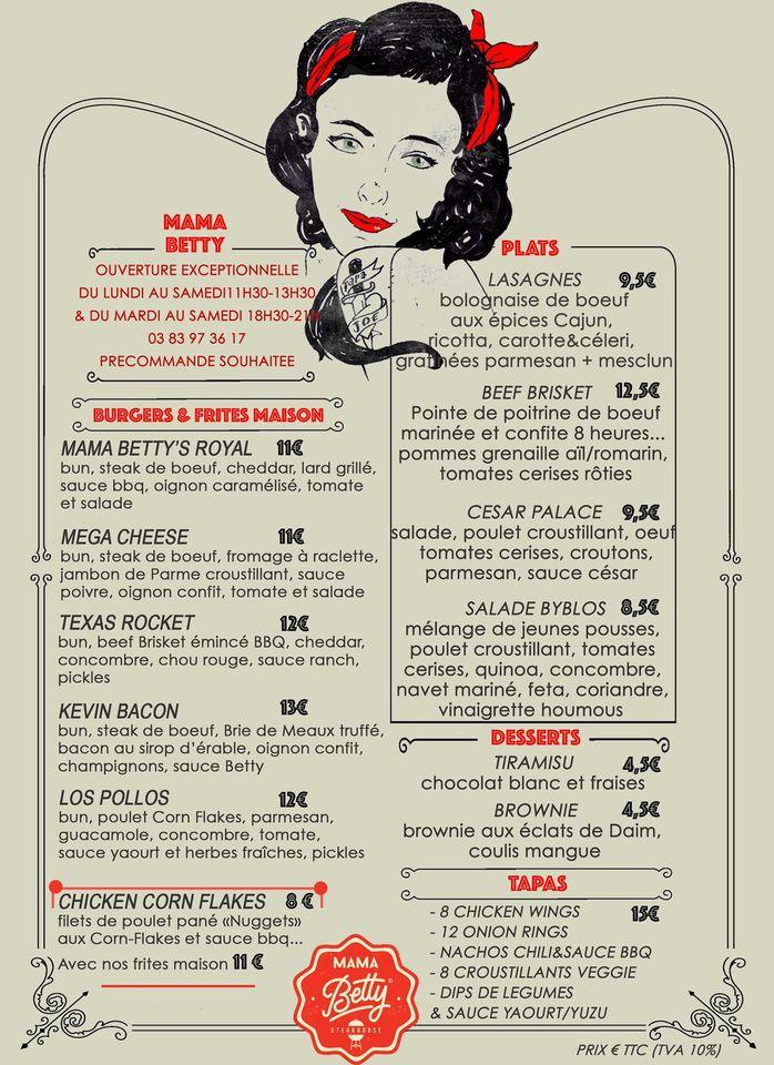 Menu at Mama Betty restaurant, Laxou