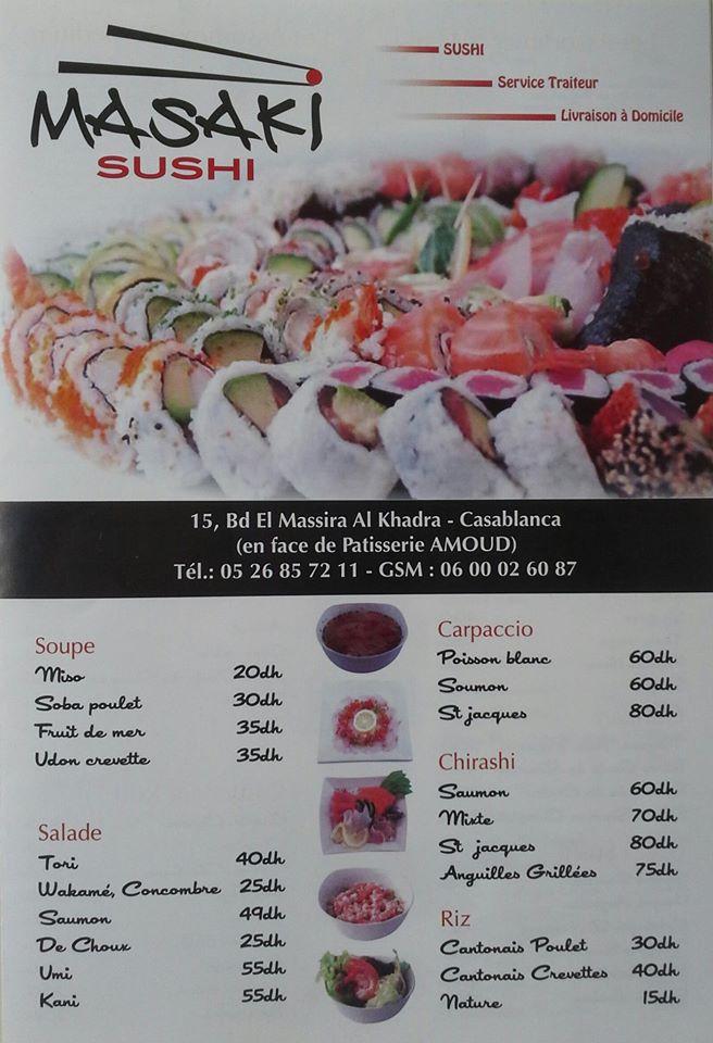 Menu at Masaki Sushi restaurant, Casablanca