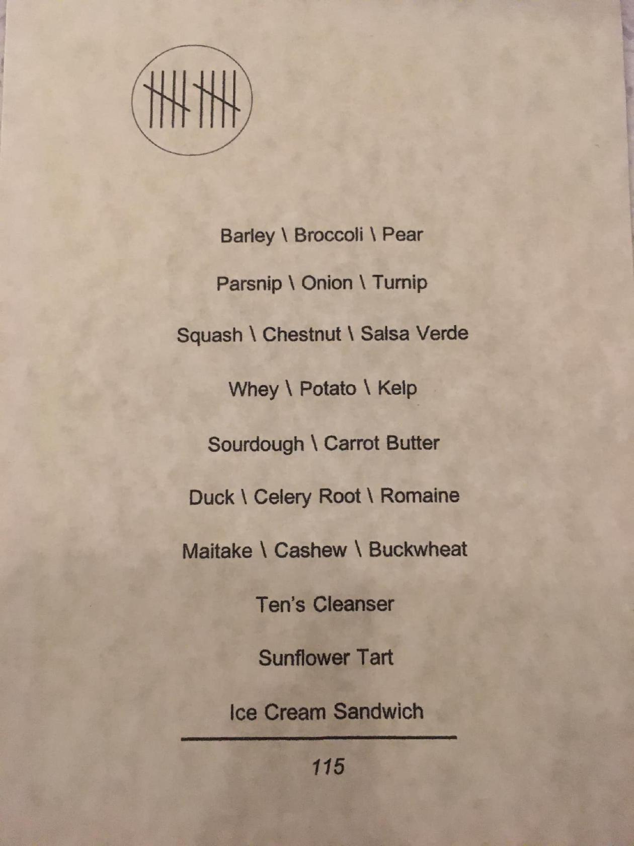 Menu at Ten Restaurant, Toronto