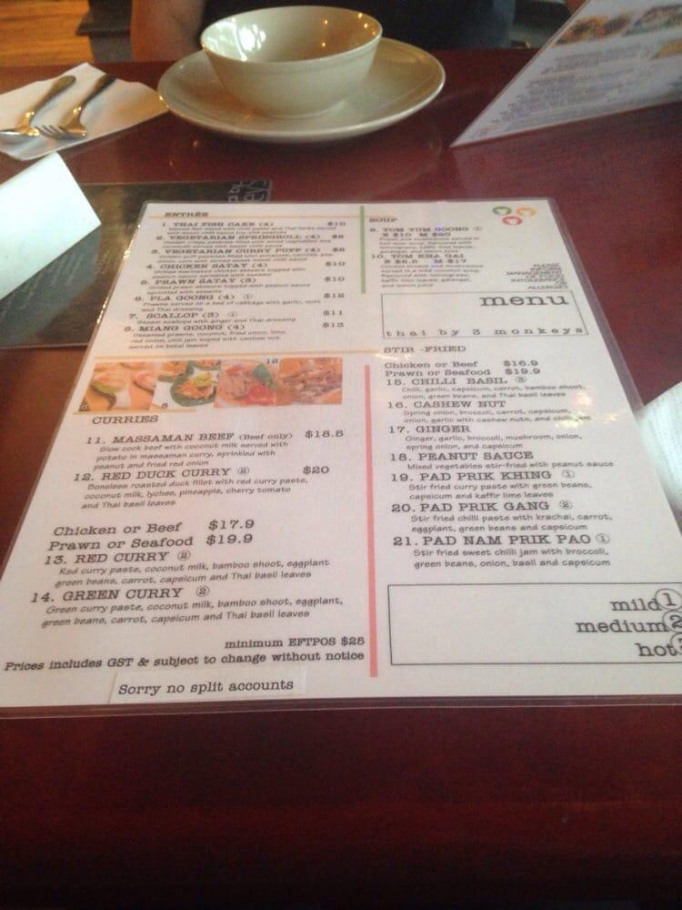 Menu at Thai by 3 Monkeys restaurant, North Adelaide