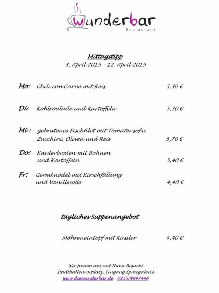 Menu at Die Wunderbar, Cottbus