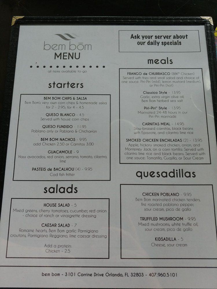 Menu at Bem Bom on Corrine pub & bar, Orlando