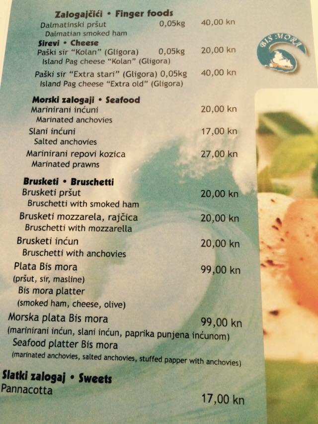 Menu at Bis Mora pub & bar, Baška Voda