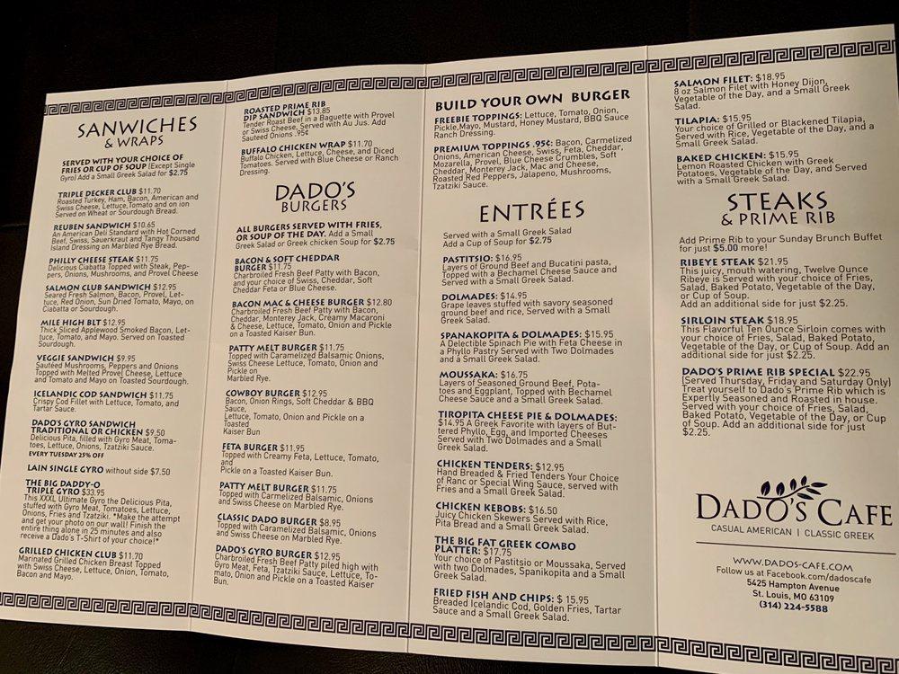 Menu at Dado's Cafe, St. Louis