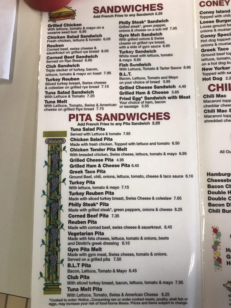 Menu at Dimitri's Coney Island restaurant, Milford Charter Township