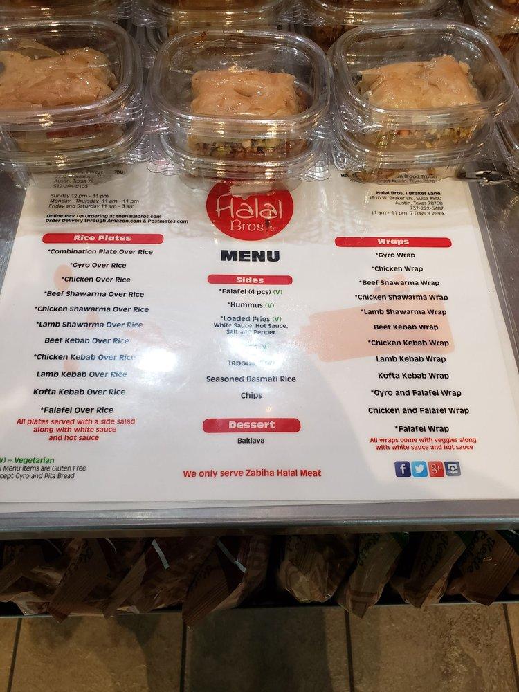 Menu at Halal Bros restaurant, Austin, Guadalupe St