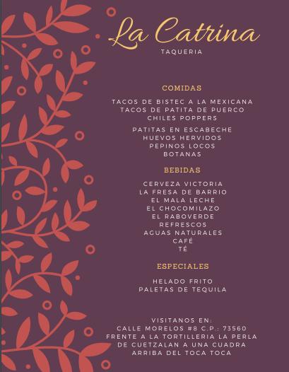 Menu at La catrina restaurant, Cuetzalan
