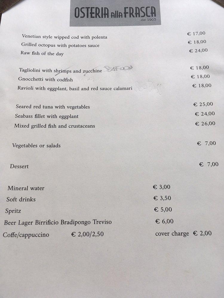 Menu at Osteria Alla Frasca restaurant, Venice, Corte de la Carità