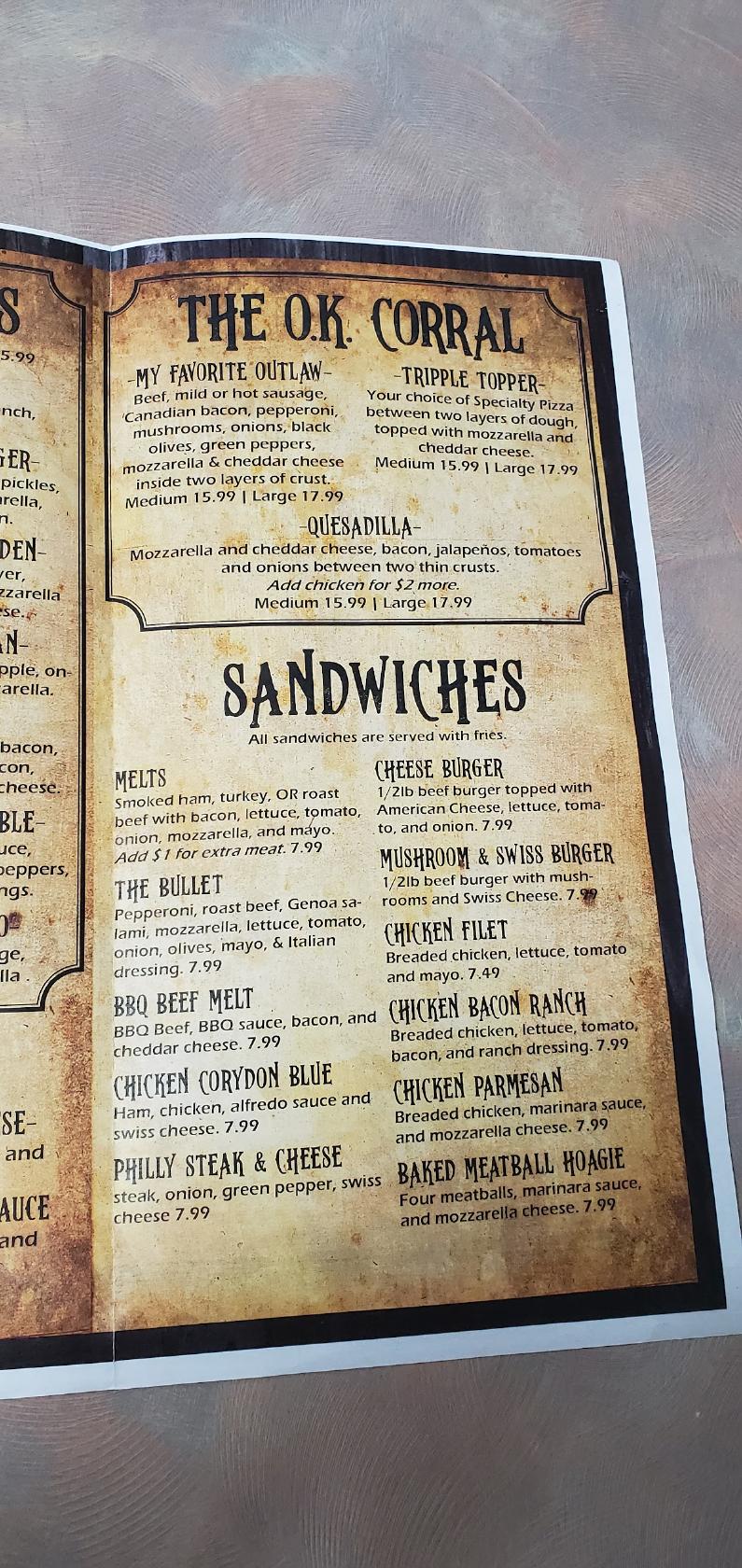 Menu at Outlaw Pizza pizzeria, Corydon