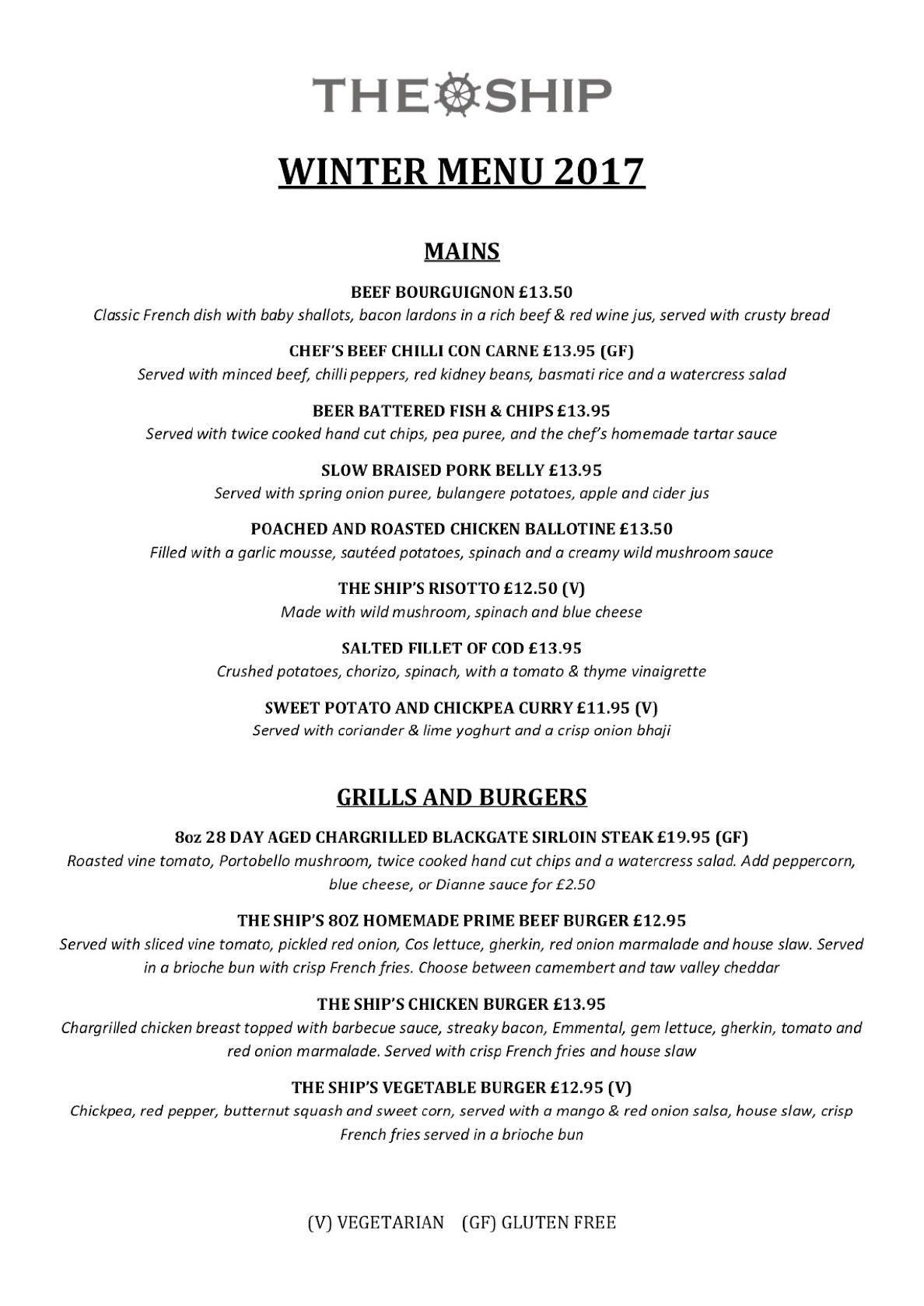 Carta del pub y bar The Ship, Christchurch