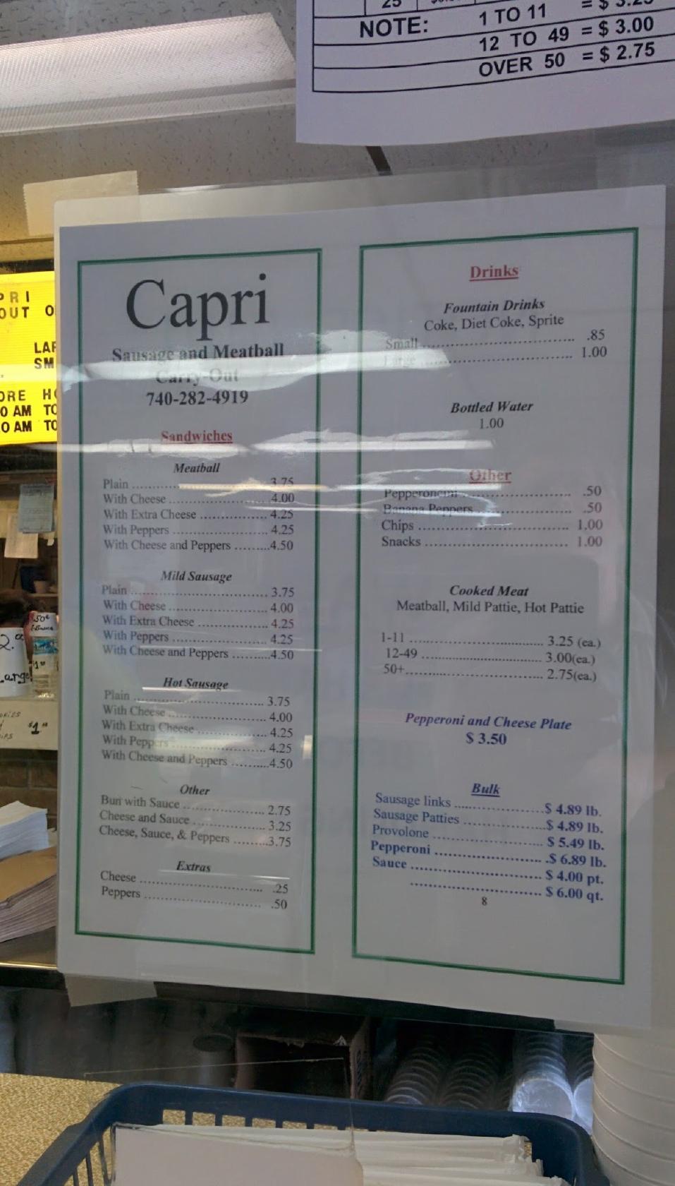 Menu at Capri restaurant, Steubenville