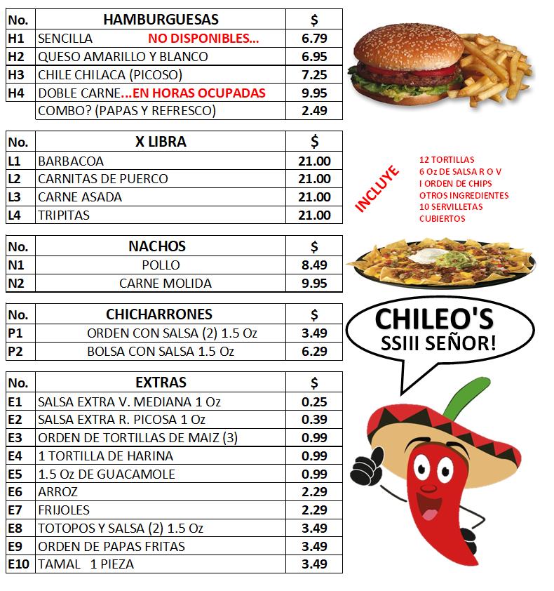 Menu at Chileo's restaurant, Ruidoso