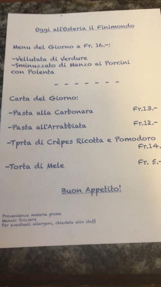 Menu at Osteria il Finimondo, Lugano
