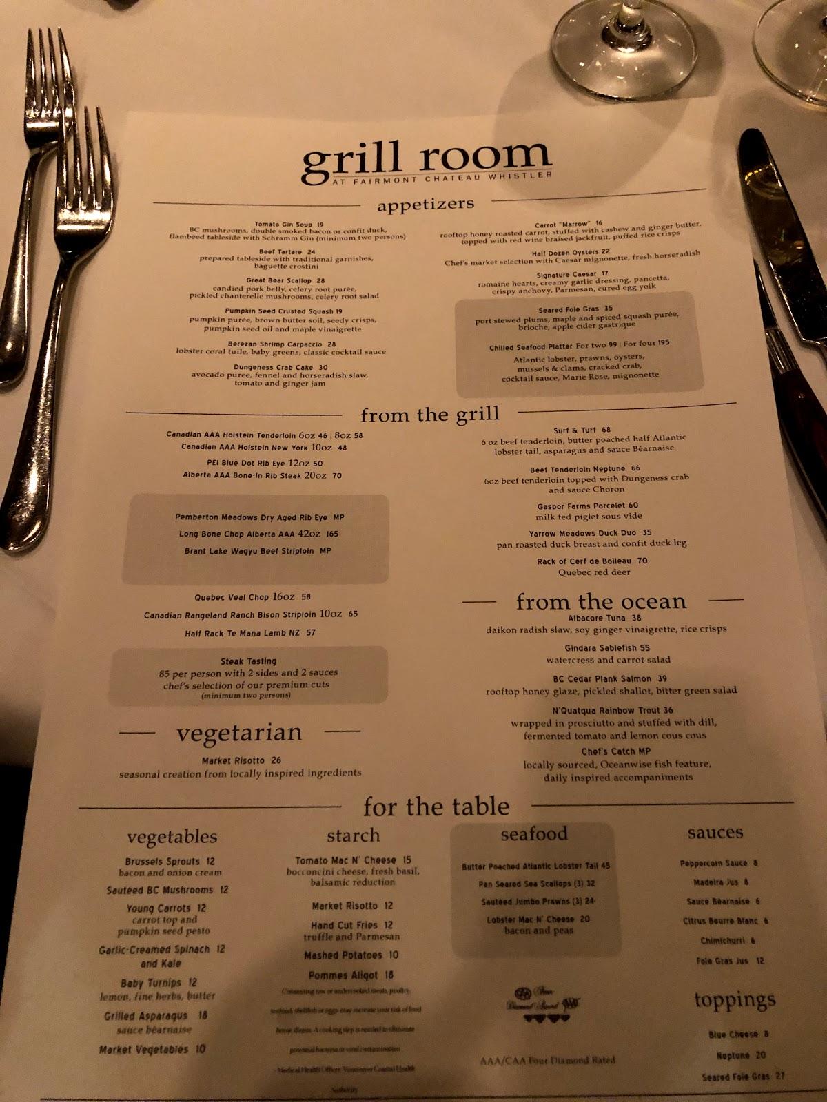 Carta de parrilla THE GRILL ROOM, Whistler, Chateau Blvd