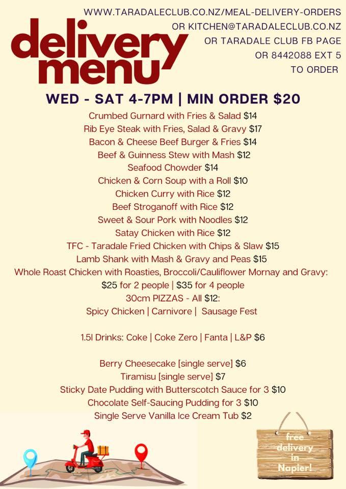 Menu at Taradale Club, Napier