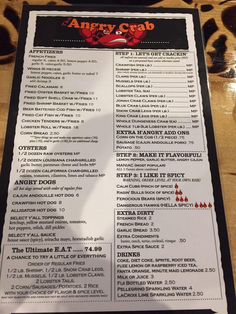 Menu at The Angry Crab Wicker Park restaurant, Chicago, N Milwaukee Ave