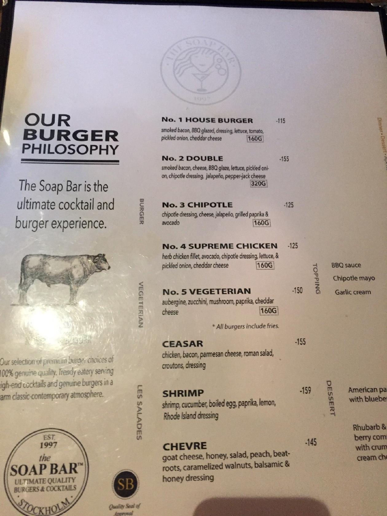 Menu at The Soap Bar, Stockholm