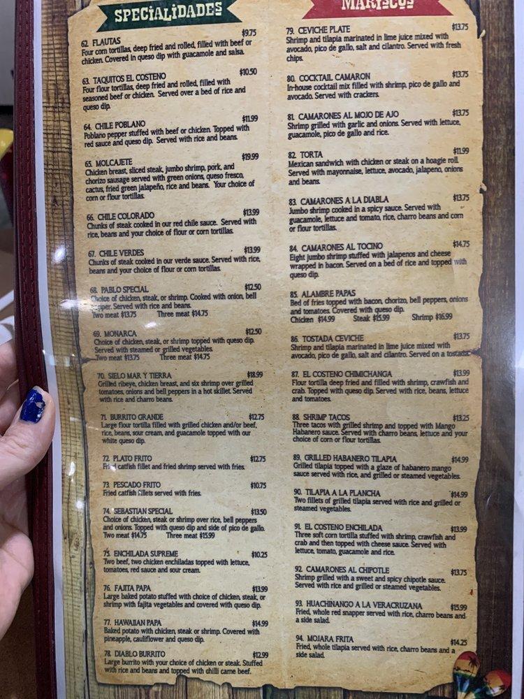Menu at El Costeno restaurant, Waynesboro