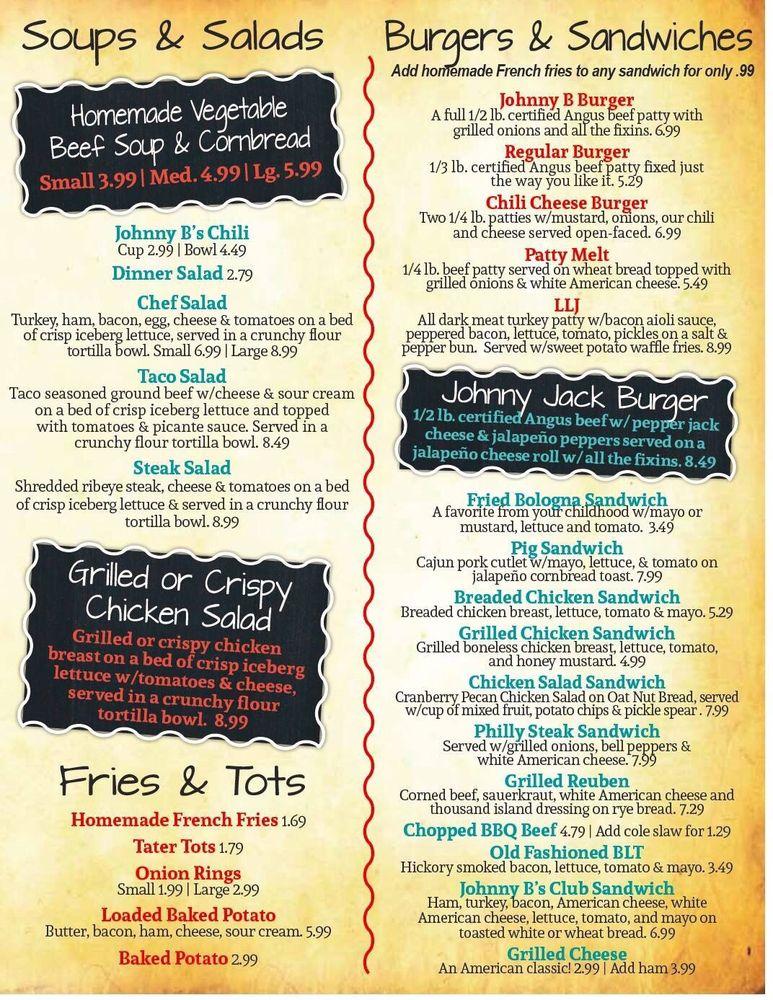 Menu at Johnny B's of Texarkana cafe, Texarkana