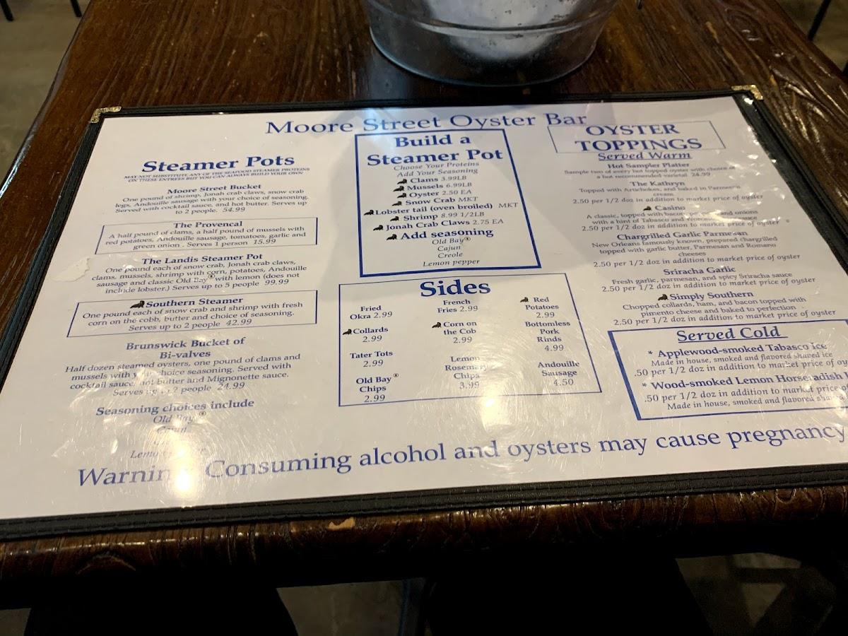 Menu at Moore Street Oyster Bar, Southport