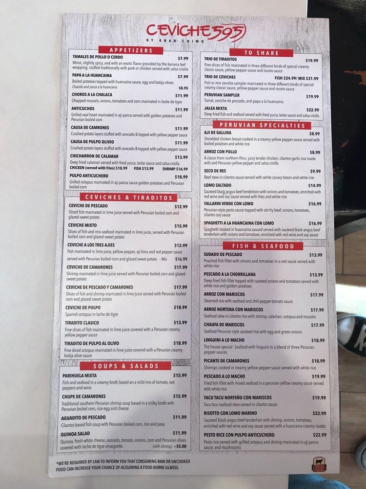 Menu at Ceviche 595 restaurant, Davie