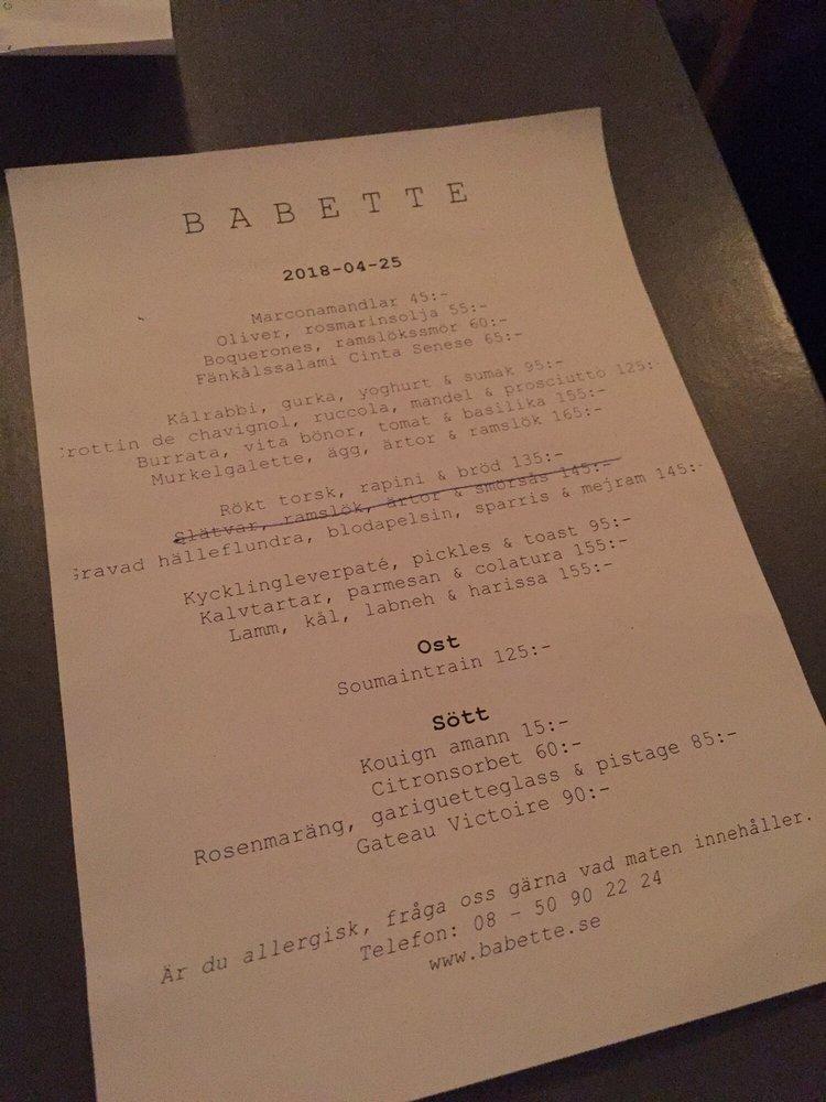 Menu at Babette pub & bar, Stockholm
