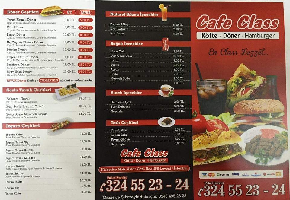 Menu at Class Cafe, Istanbul, Aytar Cd. No:18