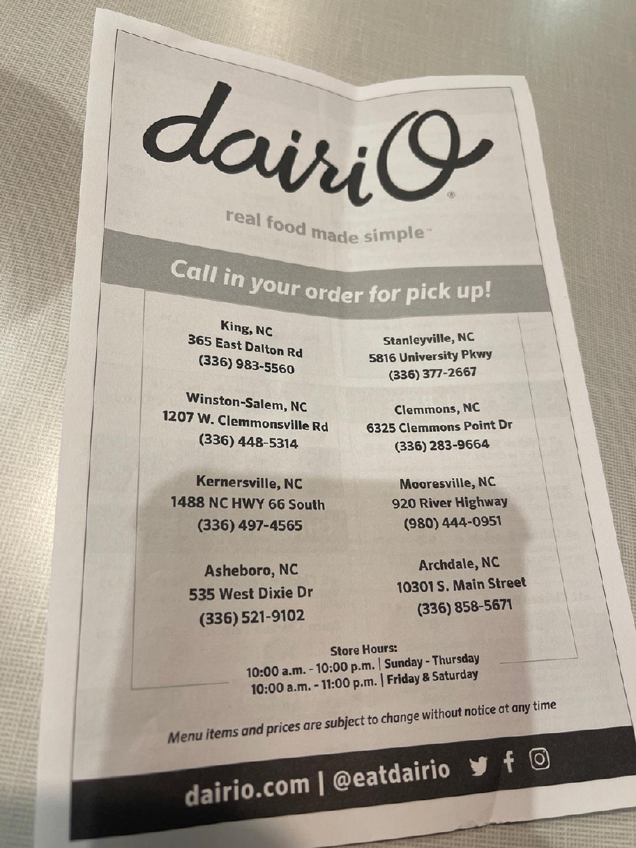 Menu at Dairi-O of Stanleyville restaurant, Winston-Salem, University Pkwy