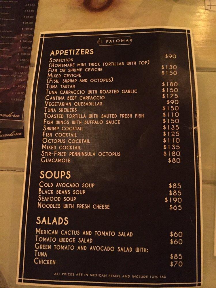 Menu at El Palomar Cozumel pub & bar, San Miguel de Cozumel
