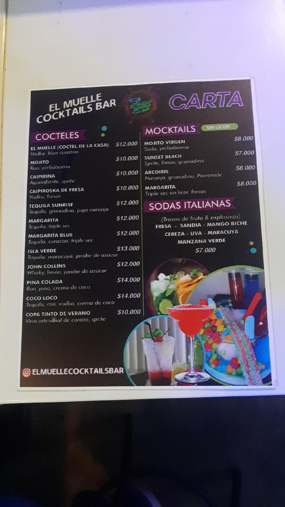 Menu at El muelle cocktail bar, Ayapel