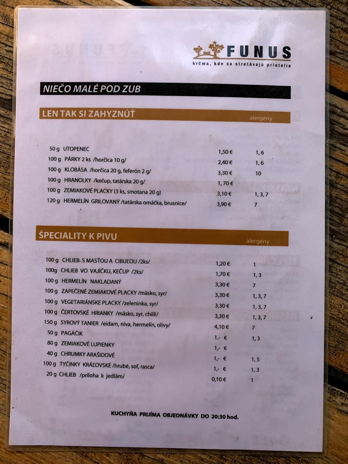 Menu at Funus pub & bar, Bratislava
