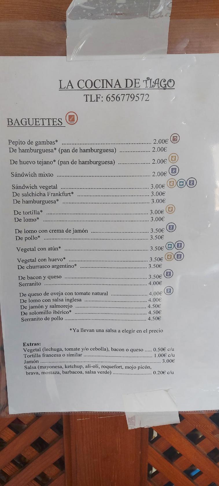 Carta del restaurante La Cocina del Tiago, Minas del Riotinto