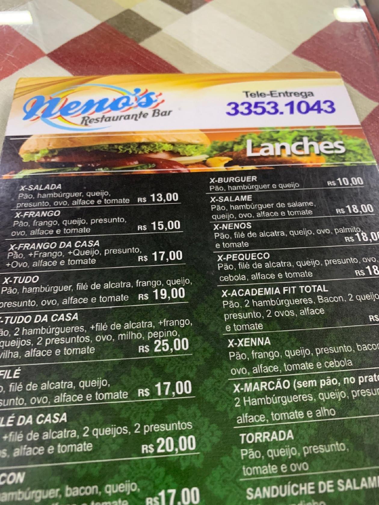 Menu em Neno's Restaurante, Xaxim