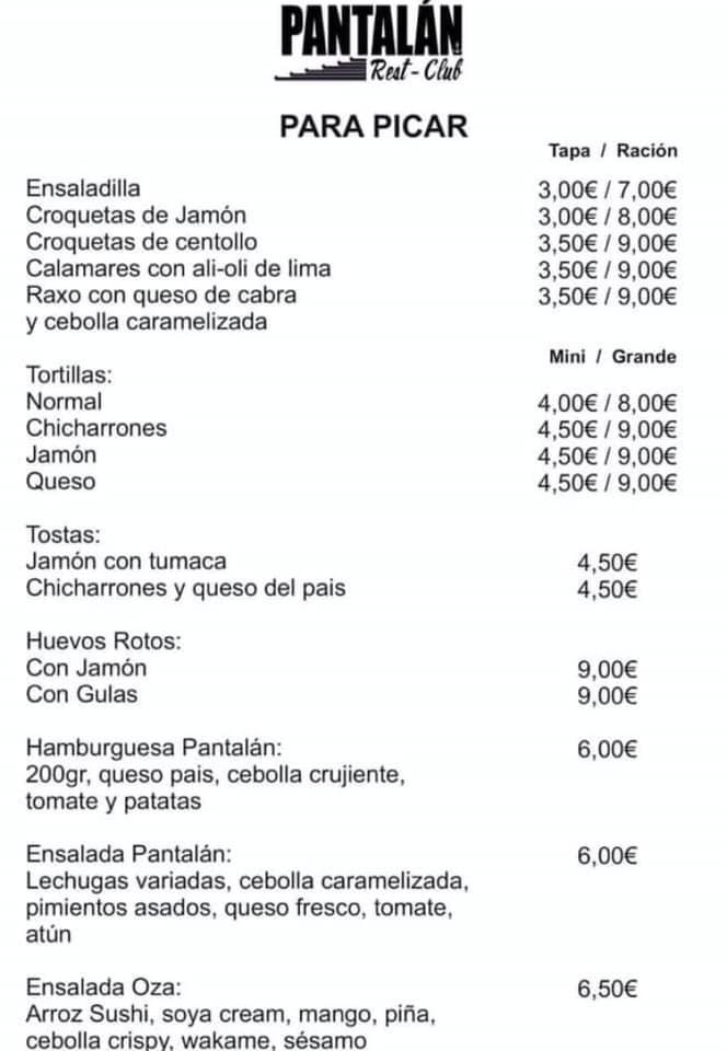 Menu at Pantalán Rest Club, A Coruña
