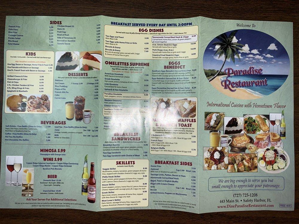 Menu at Paradise Restaurant, Safety Harbor