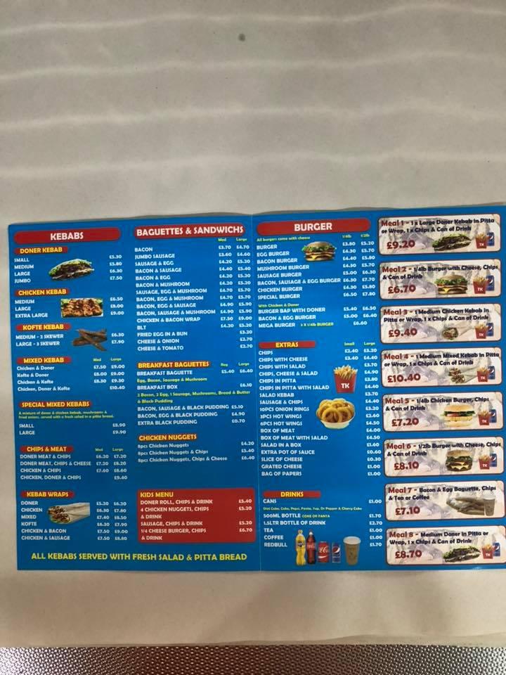 Menu at Tadley Kebab fast food, Tadley