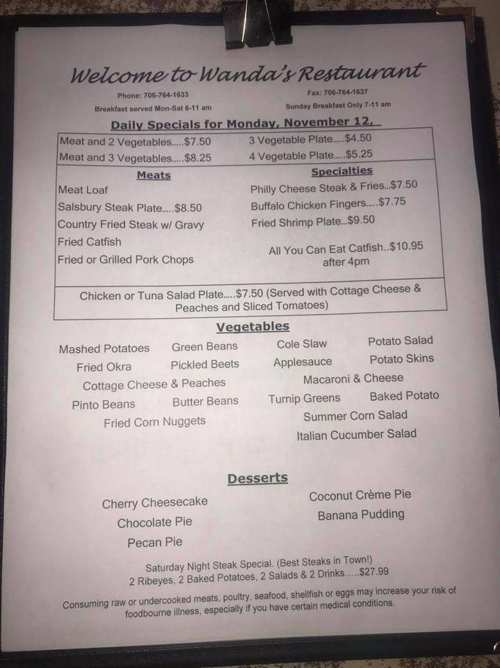 Menu at Wanda's Restaurant, Rock Spring