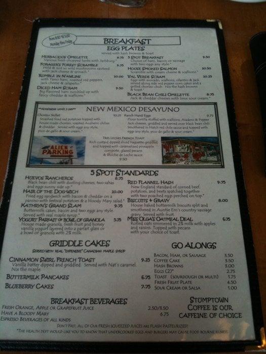 Menu at 5 Spot restaurant, Seattle