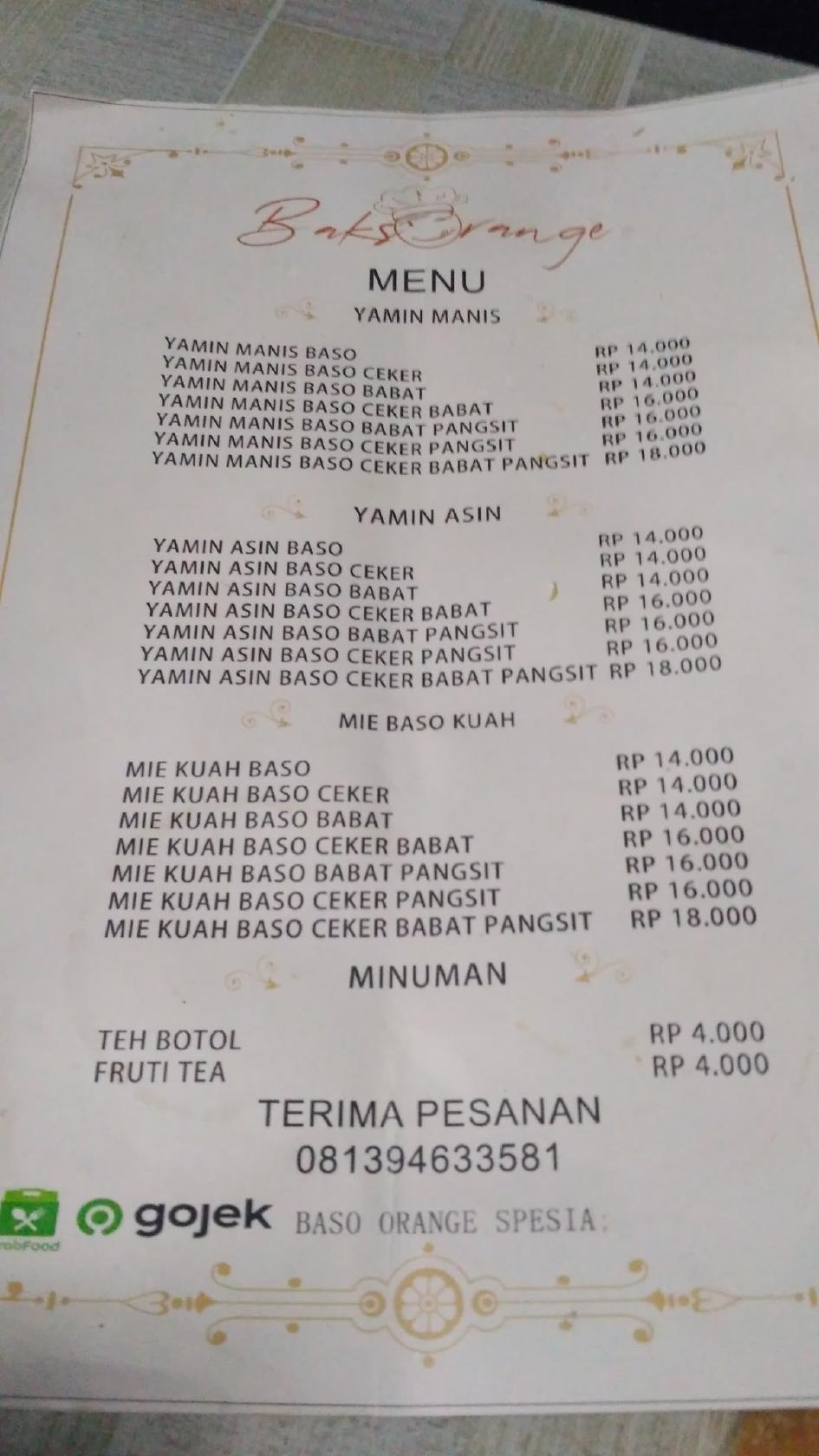 Menu at BASO ORANGE restaurant, Padalarang