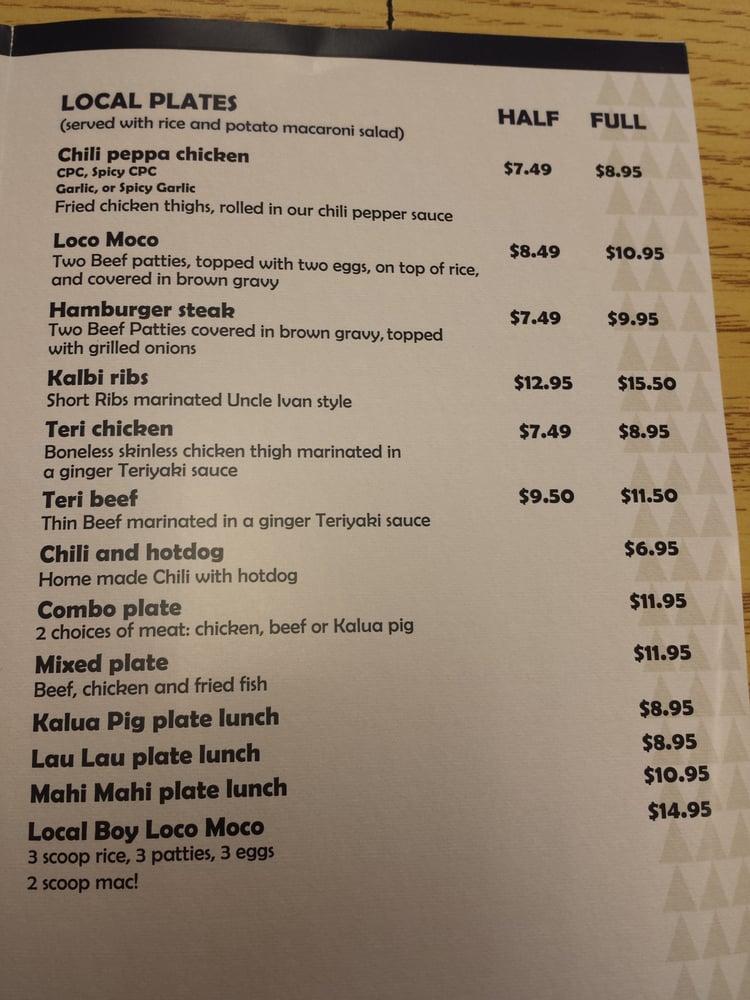 Menu at Da Hawaiian Kitchen restaurant, Huntington Beach