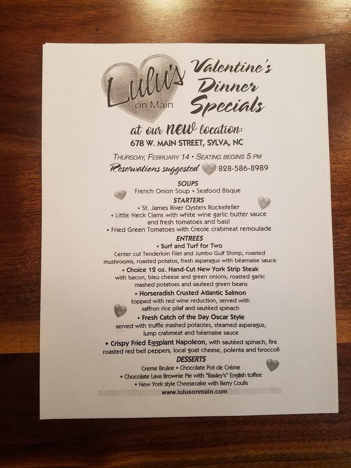 Menu at Lulu's On Main pub & bar, Sylva