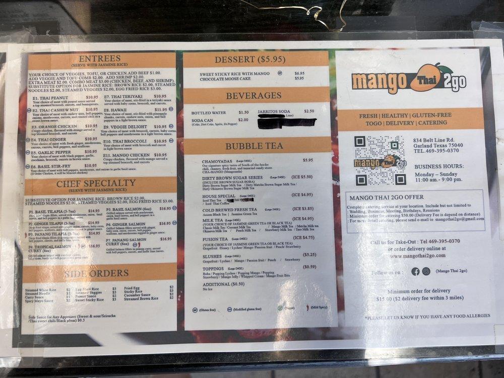 Menu at Mango Thai 2go & bubble tea (Garland) restaurant, Garland