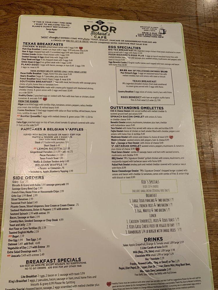 Menu at Poor Richard's Cafe, Plano