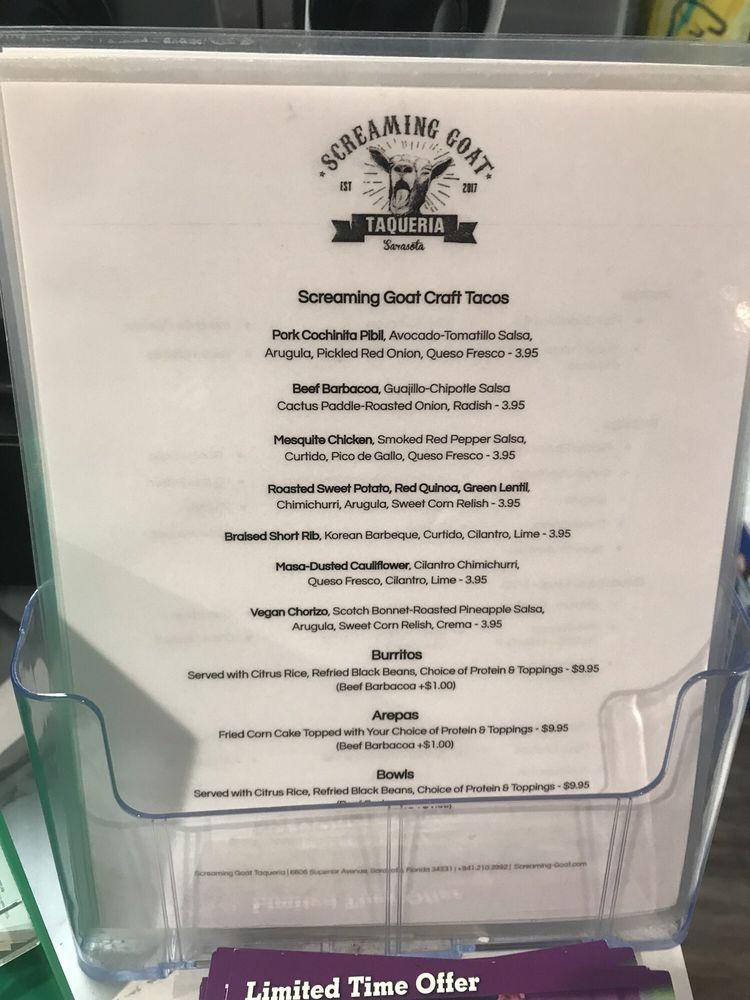Menu at Screaming Goat Taqueria restaurant, Sarasota