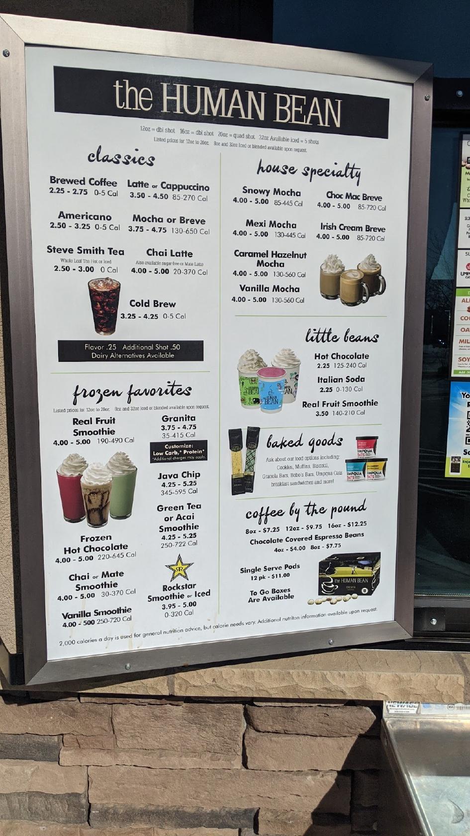 Menu at The Human Bean, Reno, Kietzke Ln