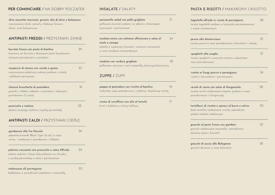 Menu at BOSCO restaurant, Swinoujscie