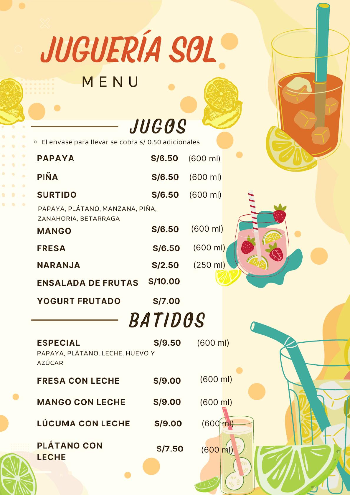 Menu at Juguería Sol, Los Olivos