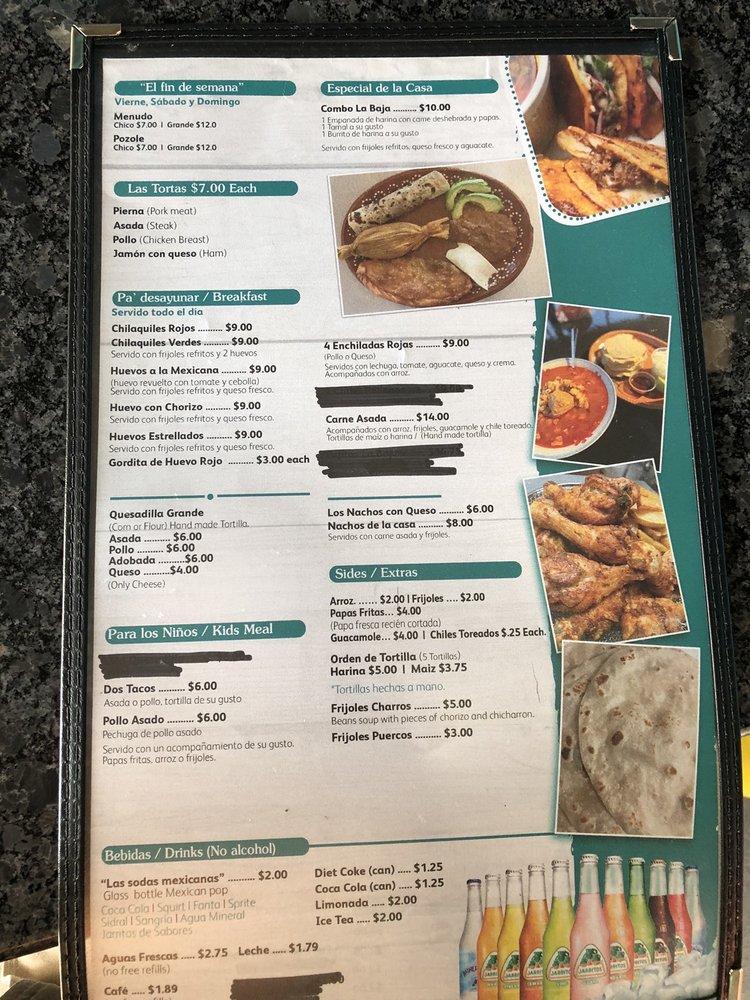 Menu at La Baja Cocina Mexicana restaurant, Des Moines