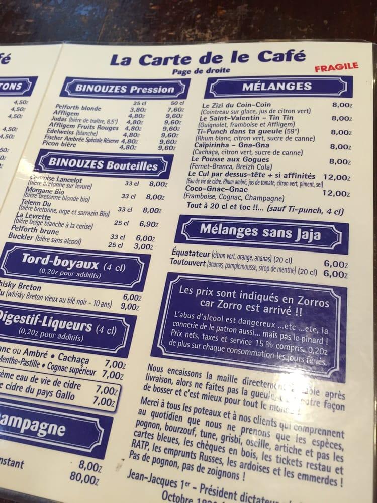 Menu au Le Café du Coin d'en Bas de la Rue du Bout de la Ville d'en ...